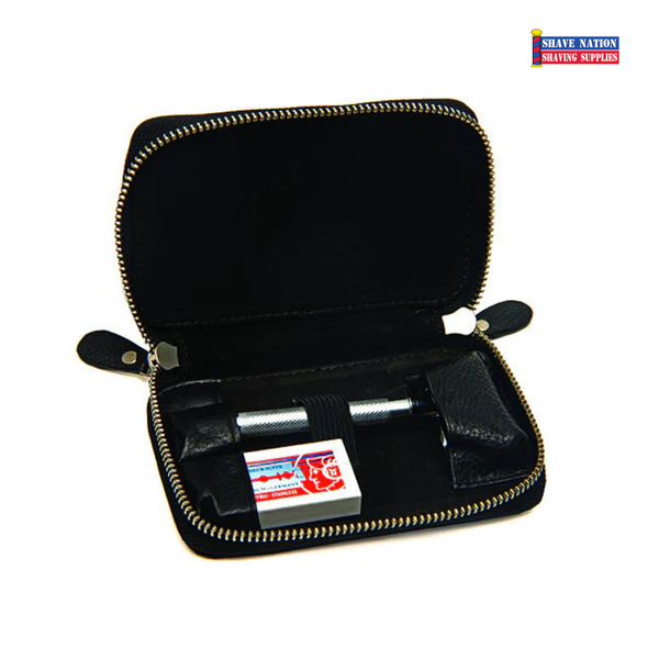 Black Leather Zip Storage Travel Case for Large Safety Razor & Blades ...
